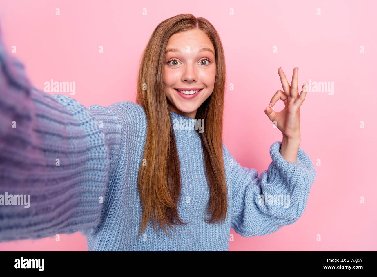 Photo selfie of young beautiful funky schoolkid girl wear blue knitted ...