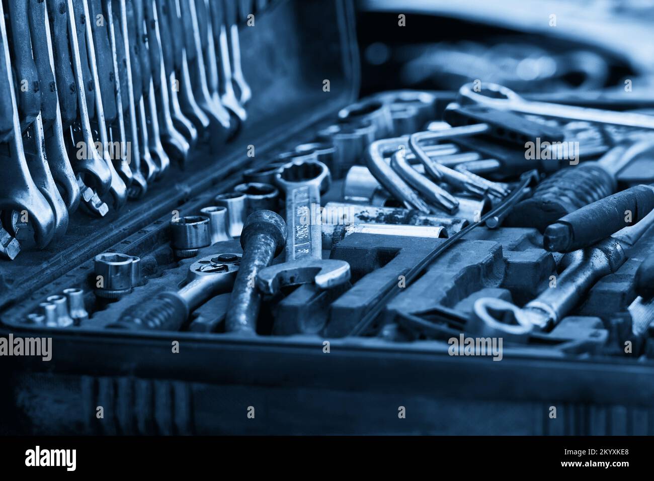 car mechanic tool set in auto repair shop Stock Photo - Alamy