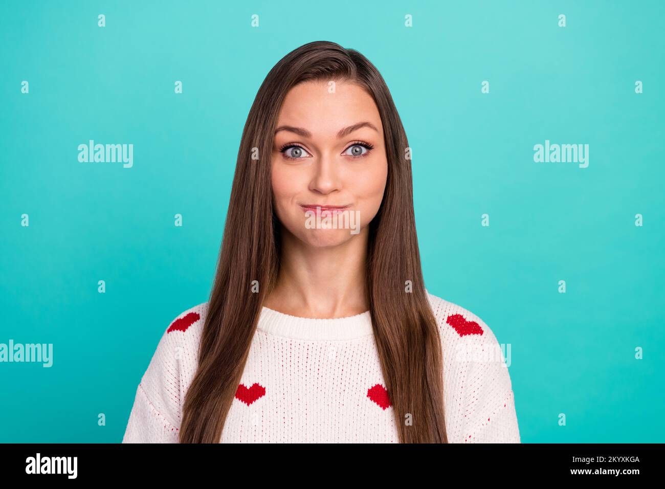 Photo of funny funky girl dressed white pullover smiling bloated cheeks ...
