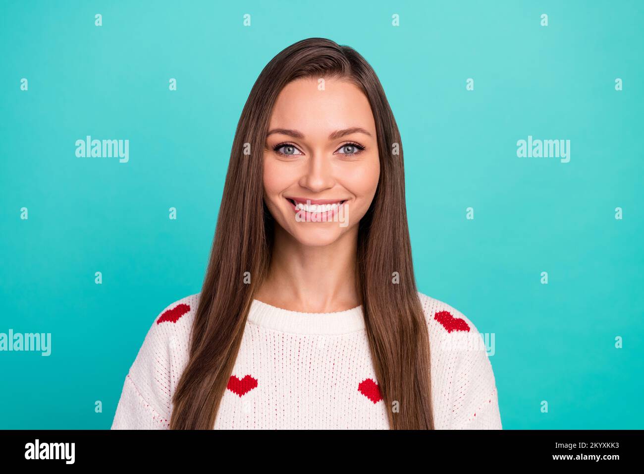 Photo of pretty shiny cute girl dressed white pullover smiling teeth ...