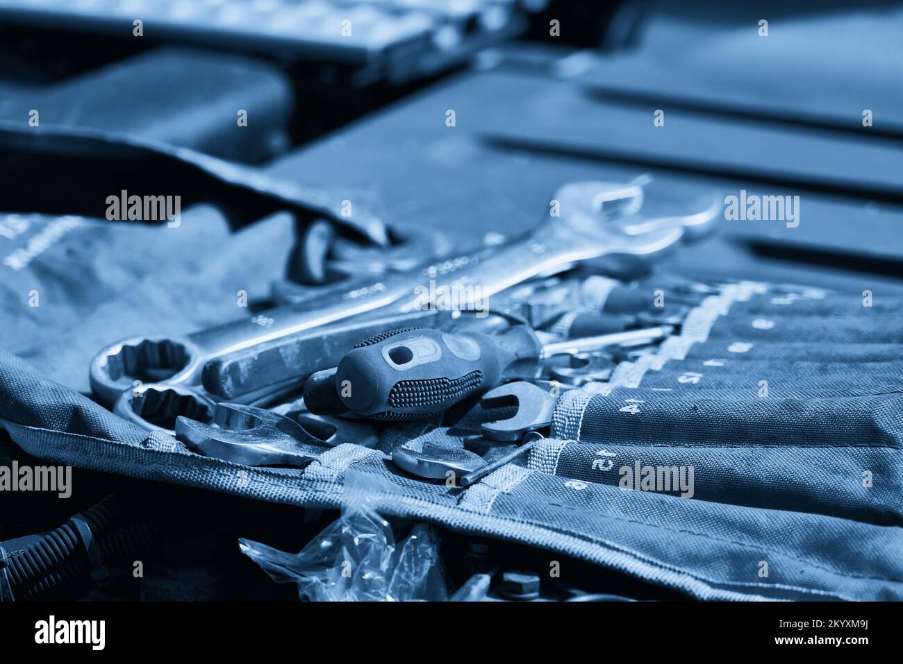 car mechanic tool set in auto repair shop Stock Photo - Alamy