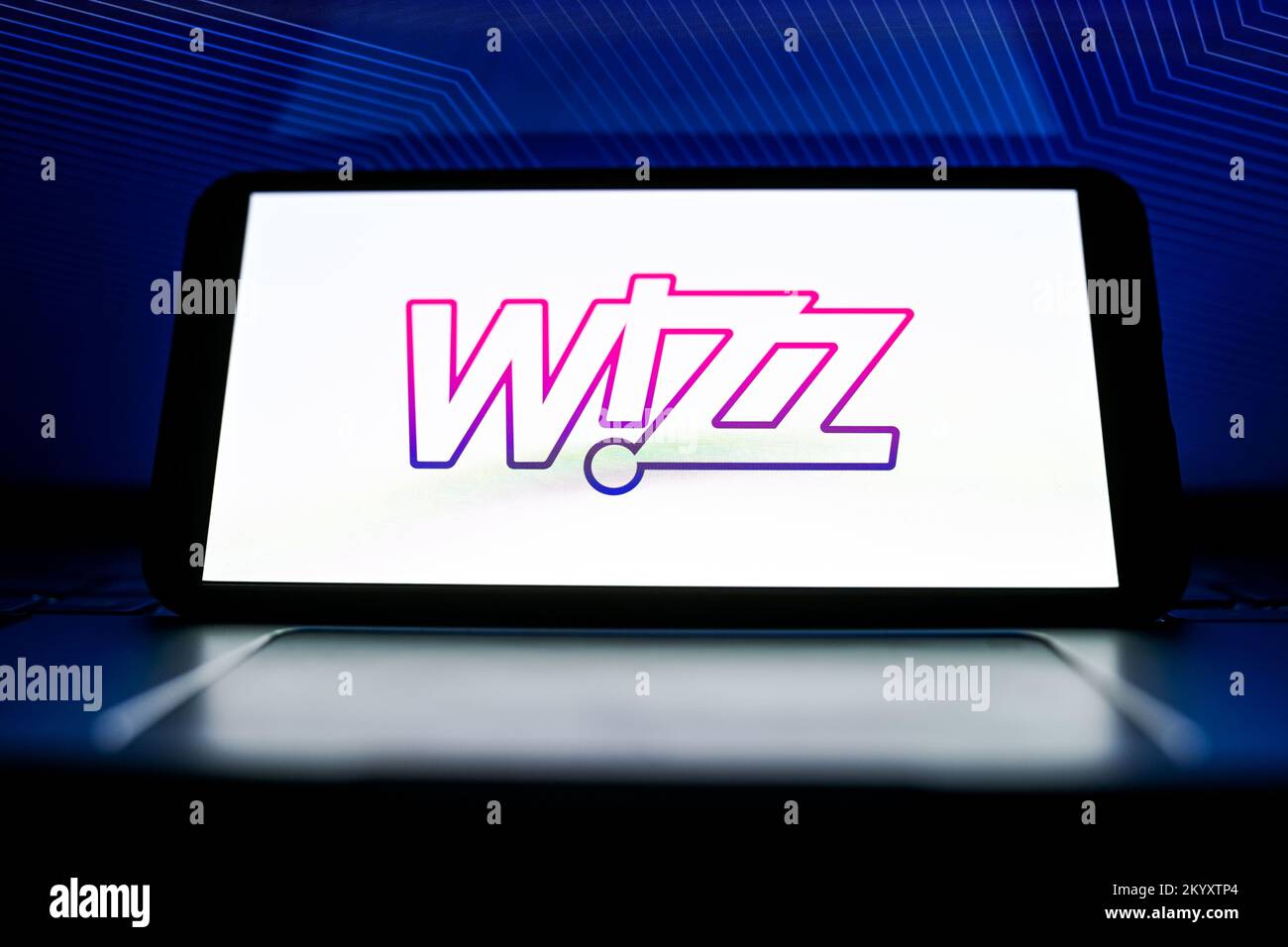 Nysa, Poland. 2nd Dec, 2022. In this photo illustration a Wizz Air logo ...