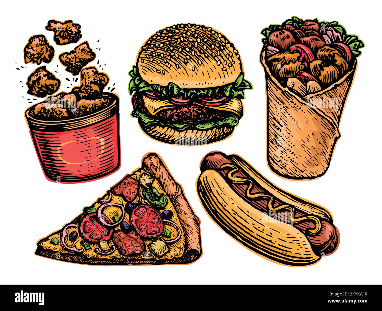 Fast Food set. Cheeseburger, slice of pizza, hot dog, kebab, fried ... Fast Food set. Cheeseburger, slice of pizza, hot dog, kebab, fried ...