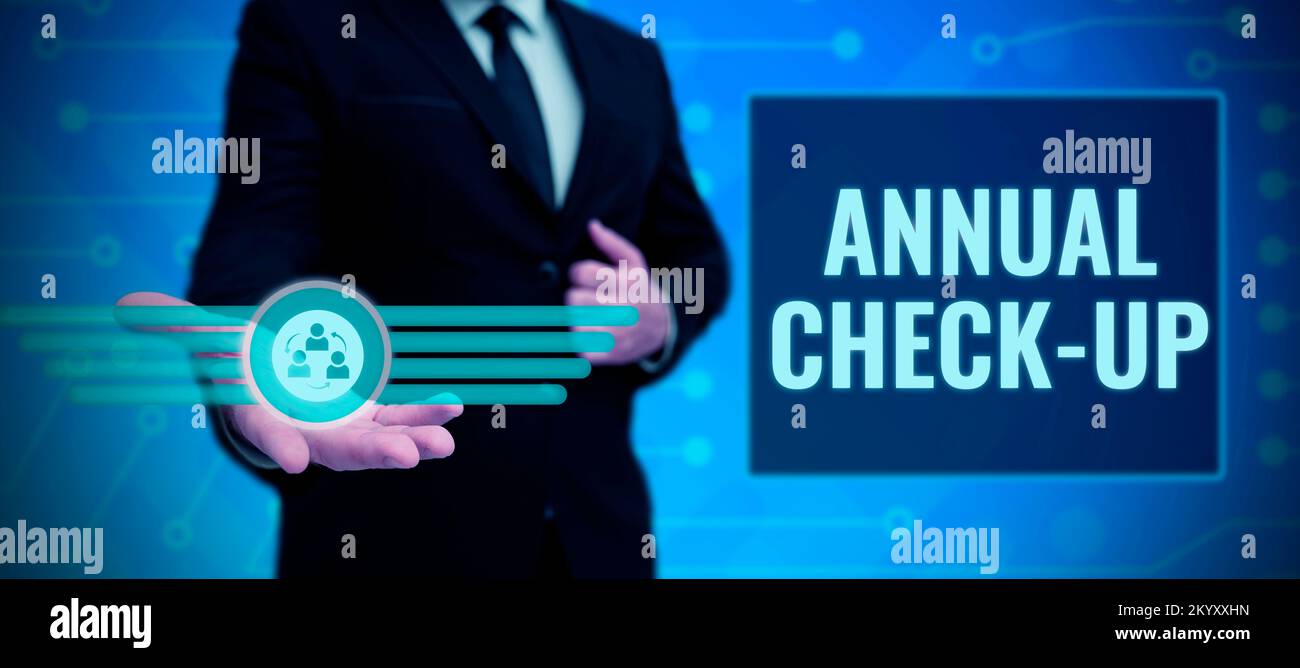 Sign displaying Annual Check Up. Word Written on yearly evaluation and ...