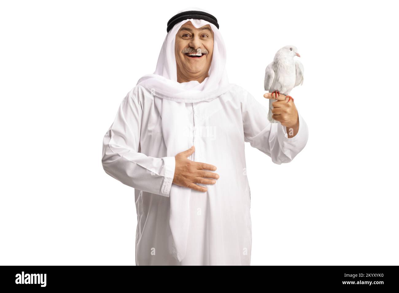 Arab man holding a white dove on his finger isolated on white ...