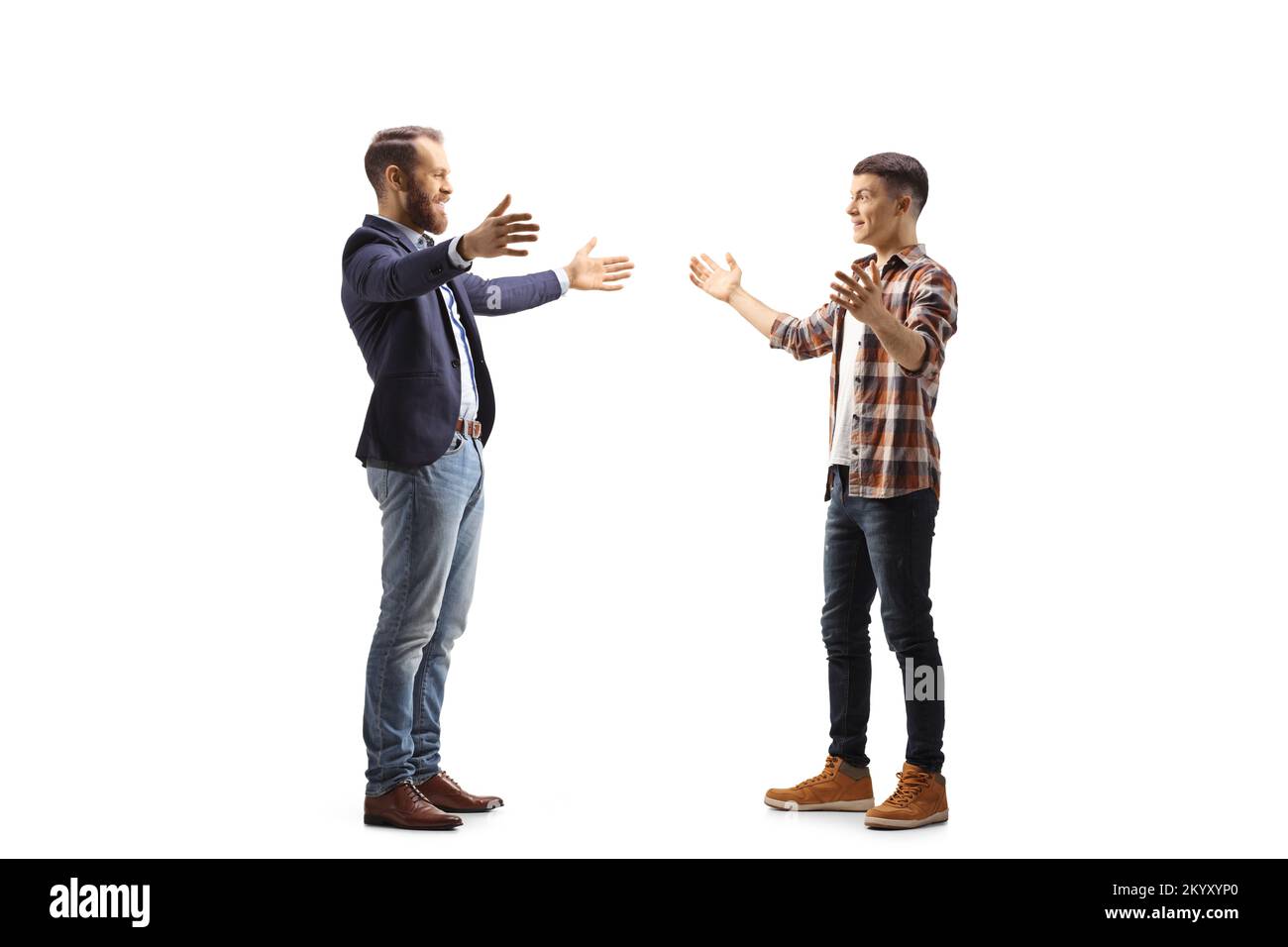 Young professional man meeting a guy isolated on white background Stock ...