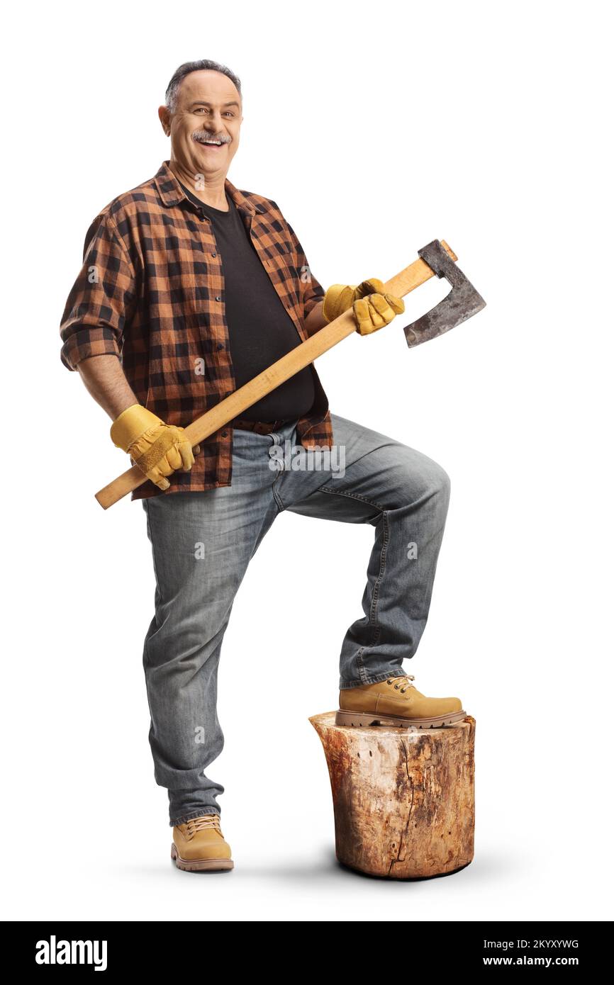 Man with an axe and a tree trunk cut isolated on white background Stock ...