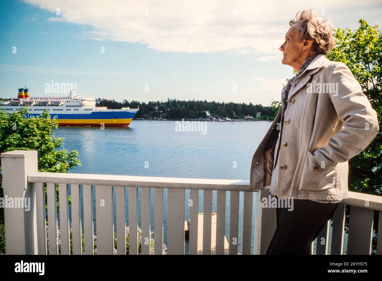 Astrid Lindgren, children's book author on the balcony of her summer ...