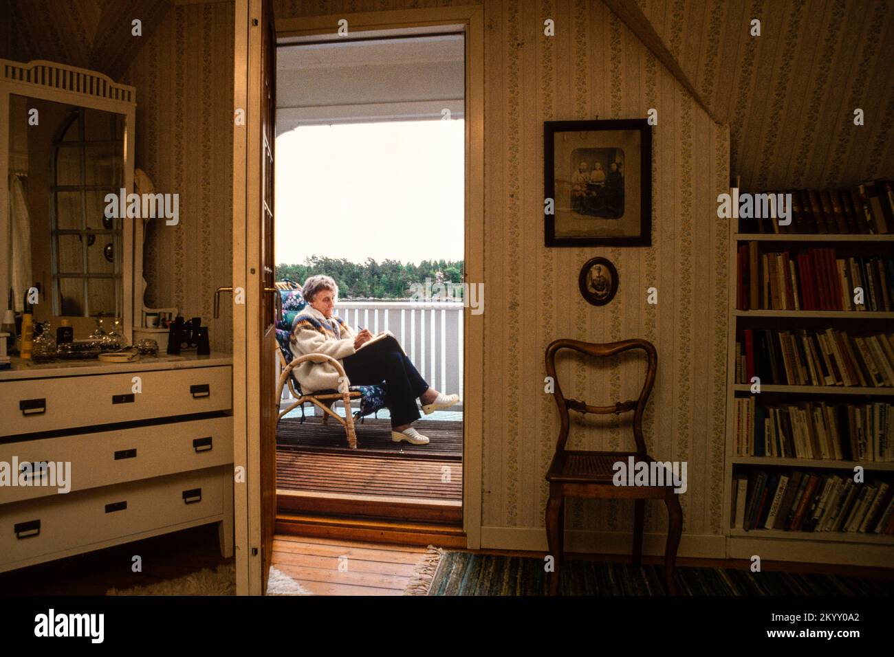 Astrid Lindgren, children's book author on the balcony of her summer ...