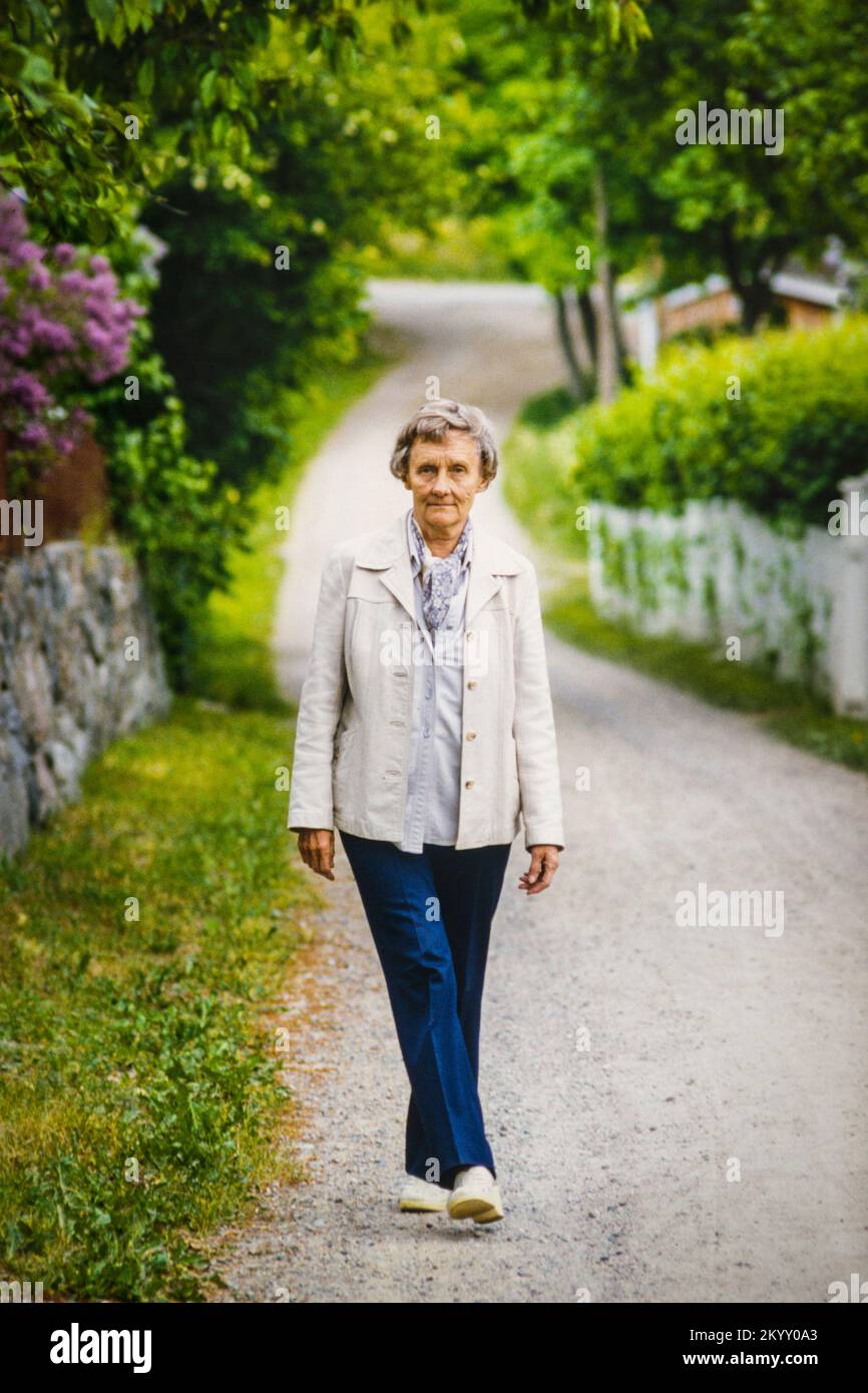 Astrid Lindgren, children's author outside her summer house in Furusund ...