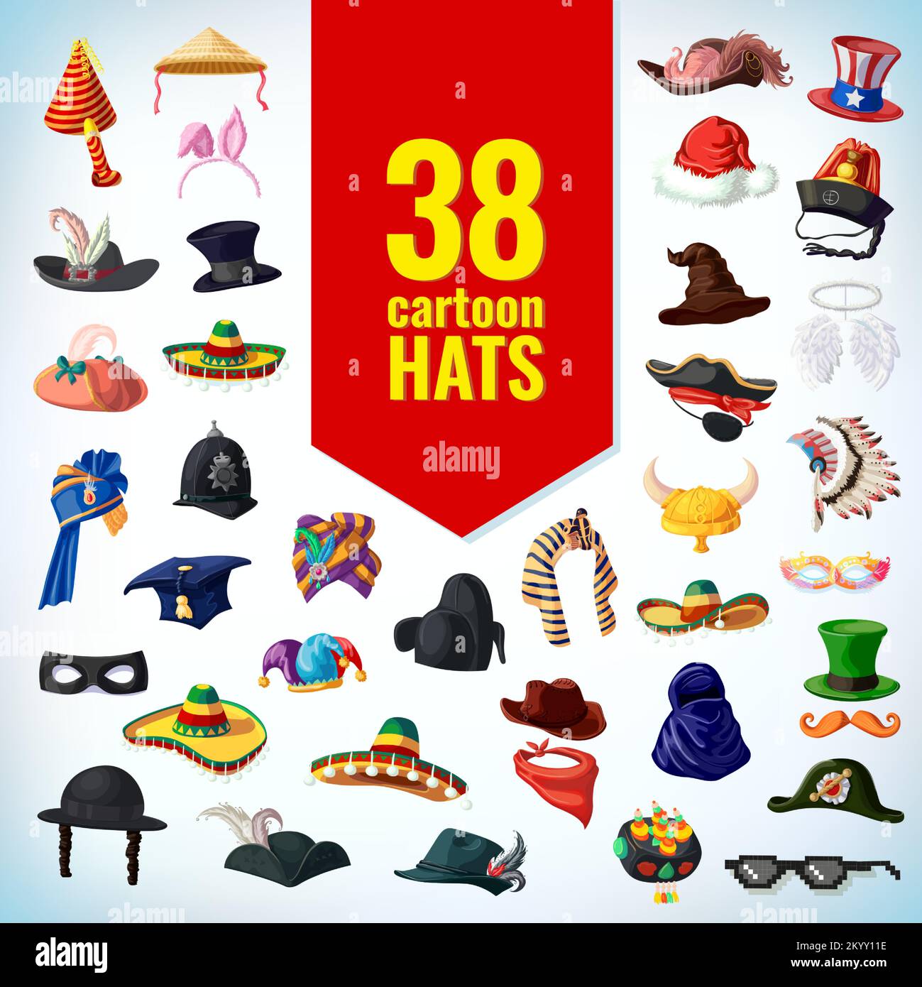 Cartoon hats. hats set. sombrero and cowboy, china cap and cylinder ...