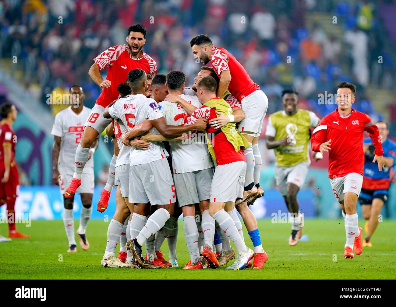 Switzerland players celebrate at the end of the FIFA World Cup Group G ...
