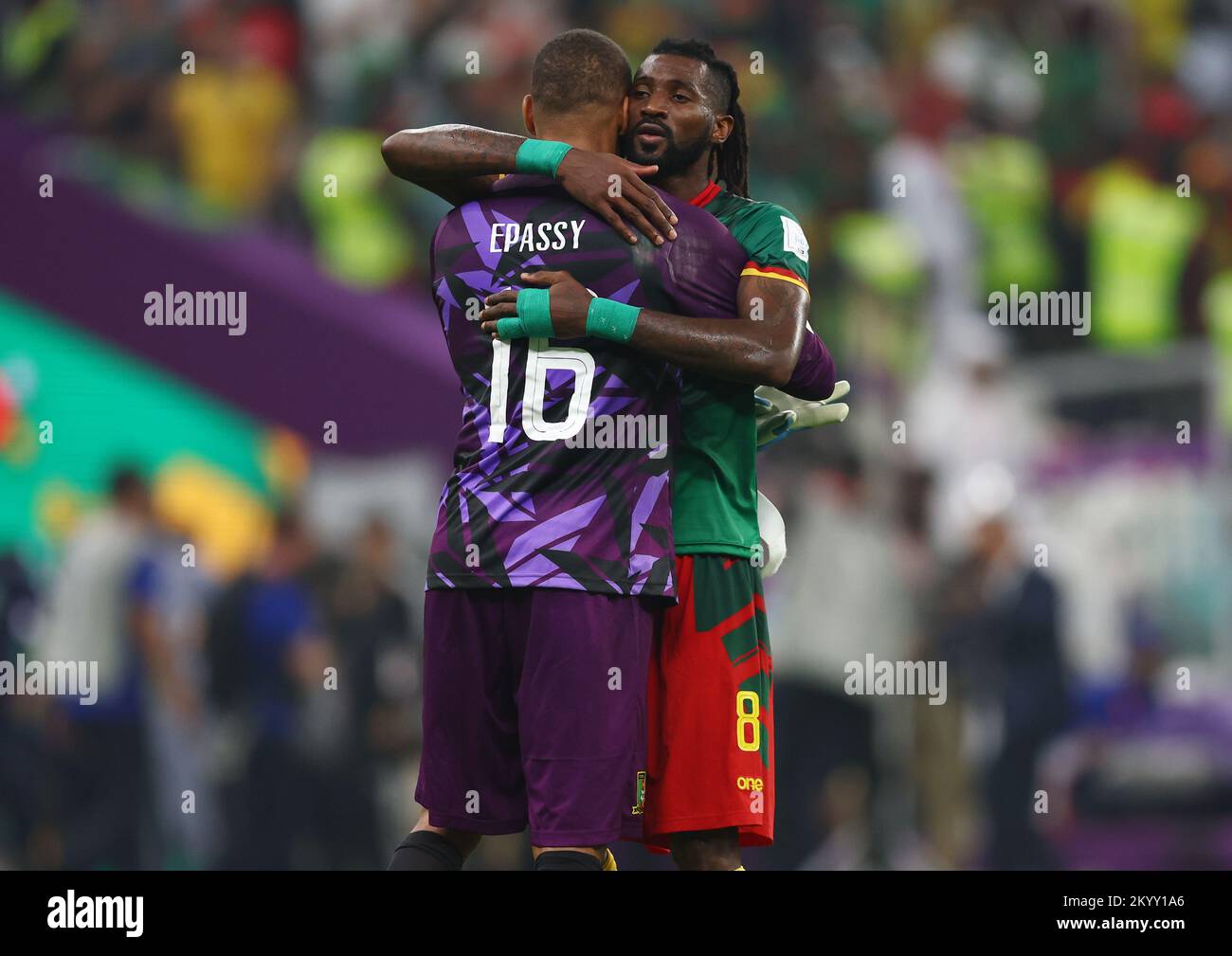 Doha, Qatar, 2nd December 2022. Andre-Frank Anguissa of Cameroon hugs ...