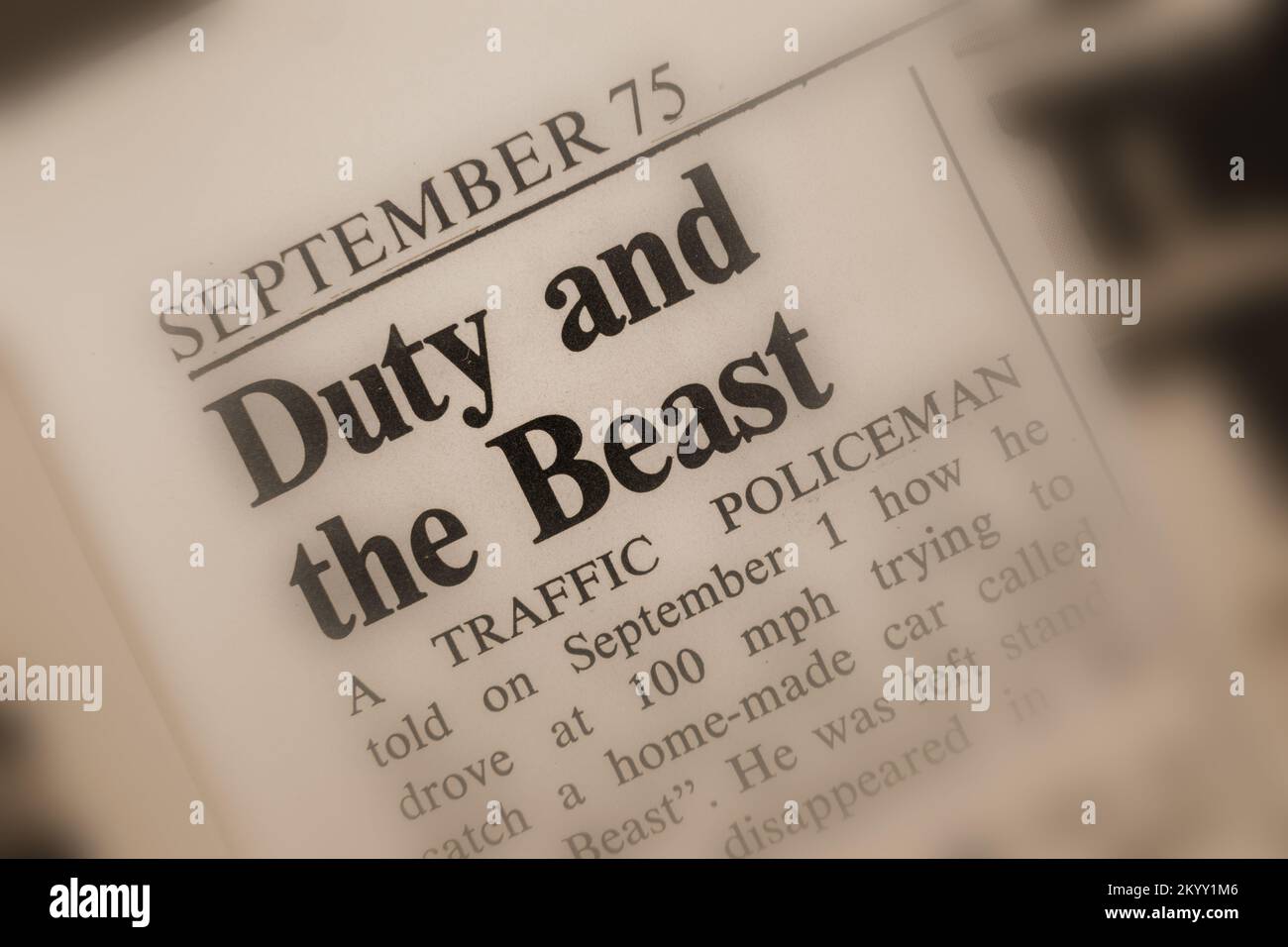 news story from 1975 newspaper headline article title - Duty and the Beast - sepia tilt-shift ...