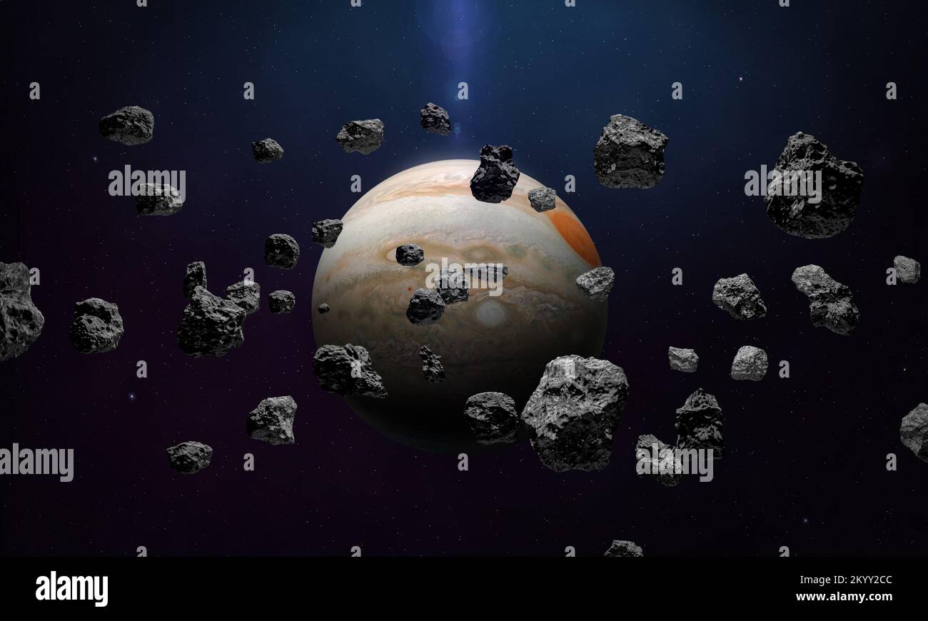 Jupiter and asteroid belt. Gas giant Jupiter and asteroid field on foreground. Planets of solar ...