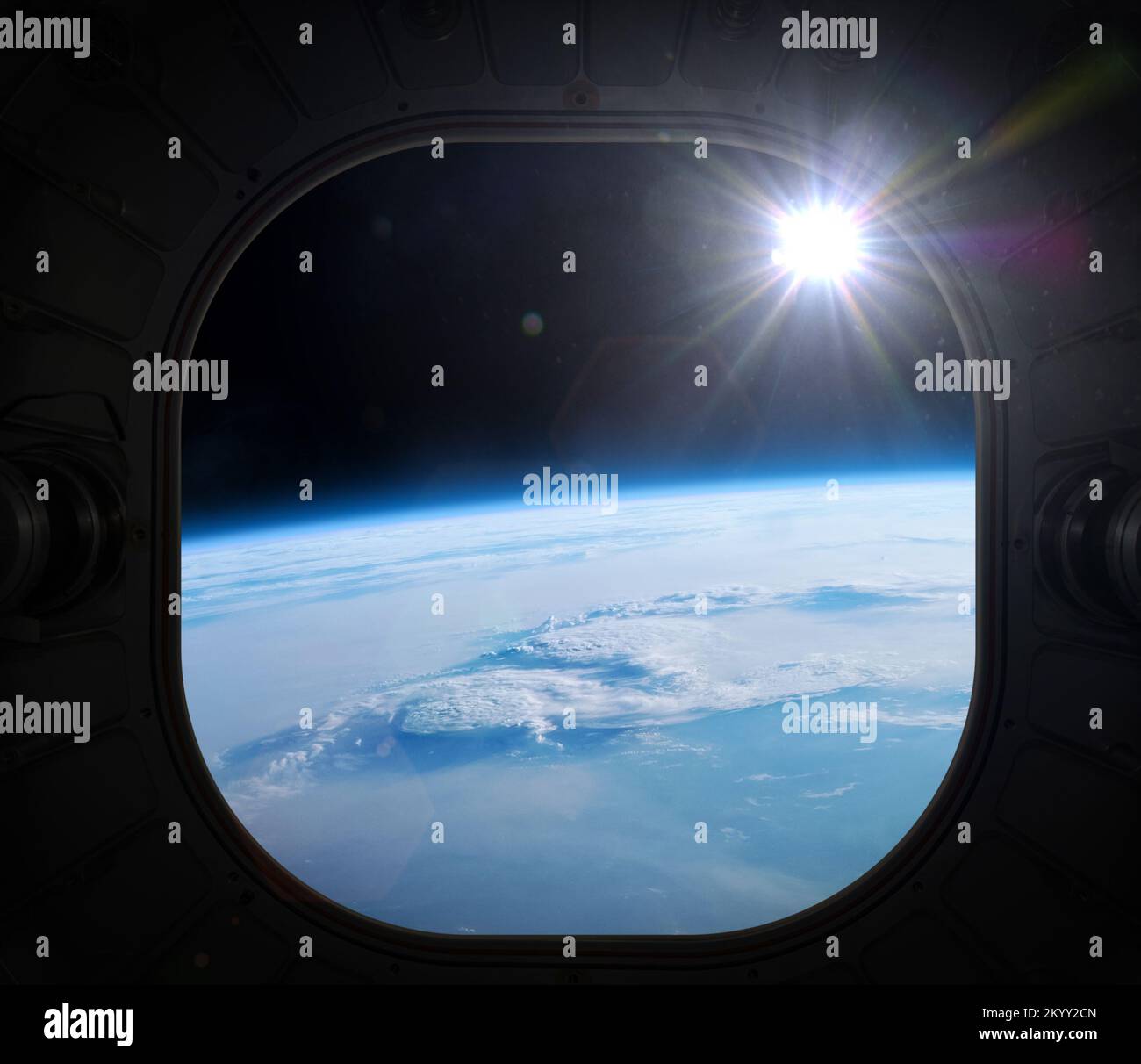 Spaceship flies near the amazing blue planet earth, view from the ...