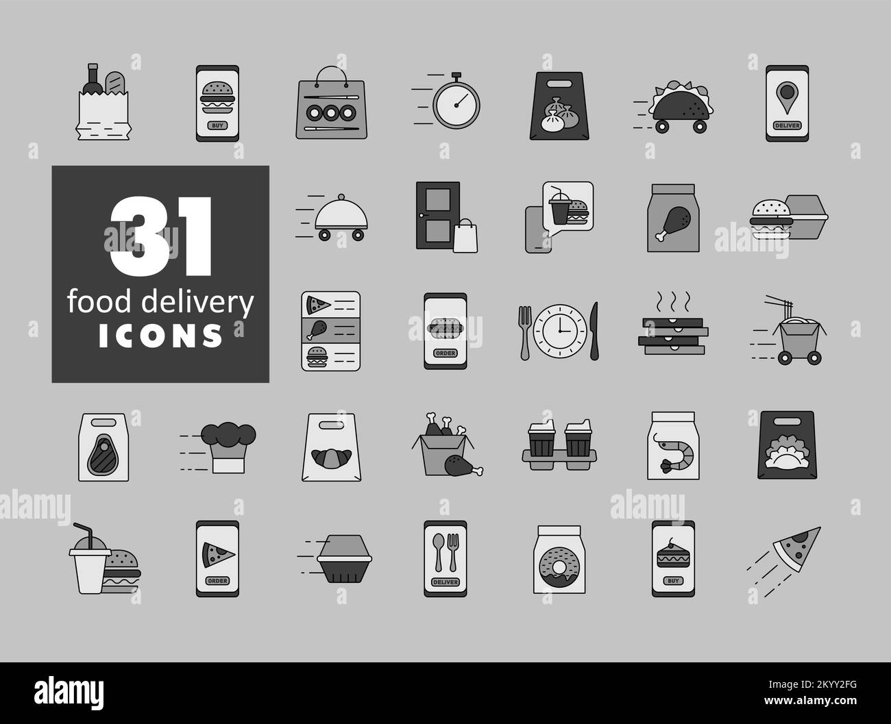 Fast food delivery vector grayscale icons set. Graph symbol for cooking ...