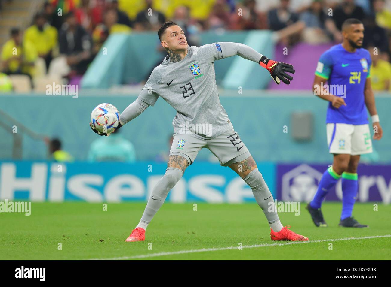 Lusail, Qatar. 02nd Dec, 2022. Ederson of Brazil throws the ball during ...