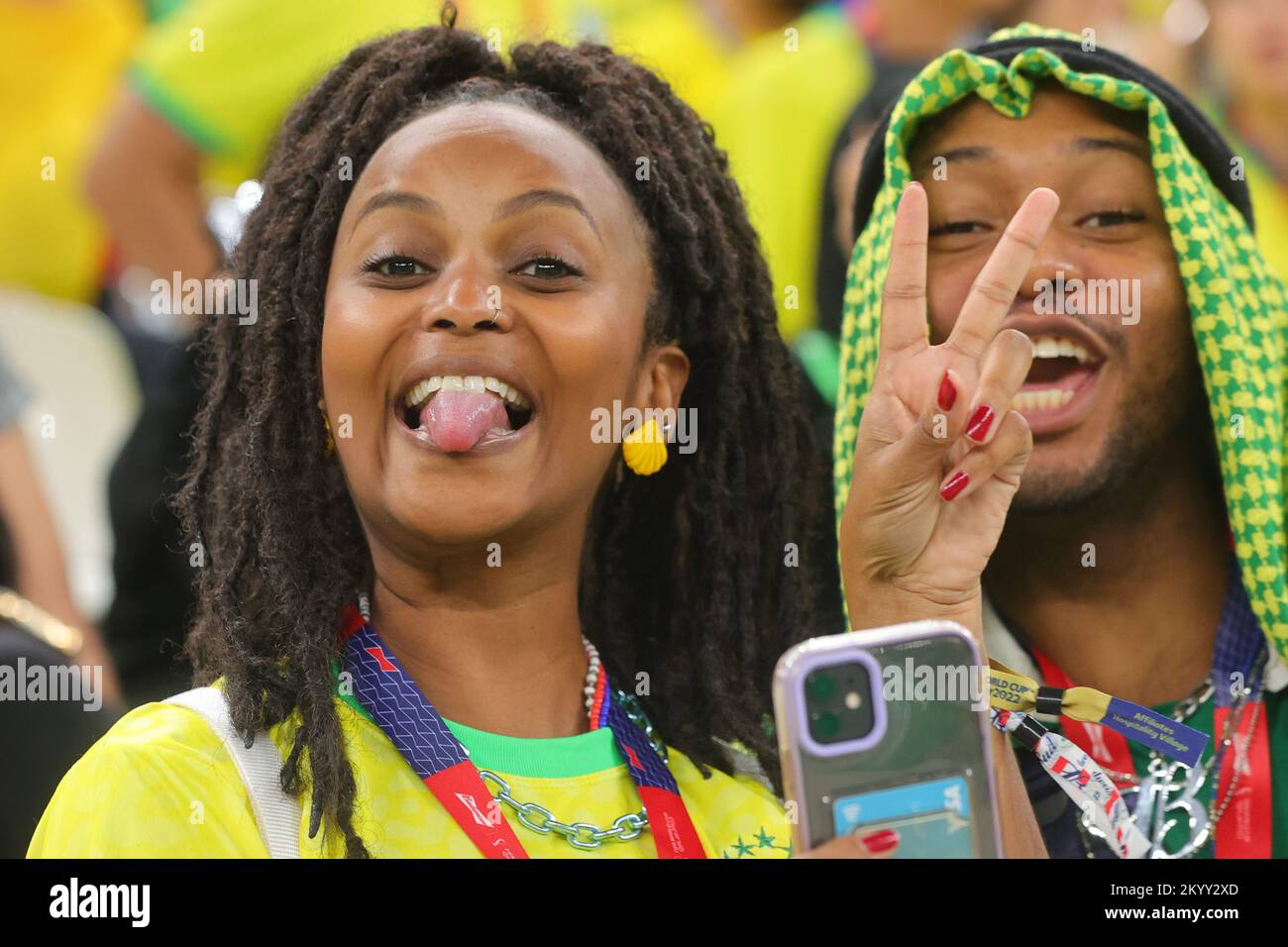 Brazilian fans during the FIFA World Cup, Qatar. , . Photo by Peter ...