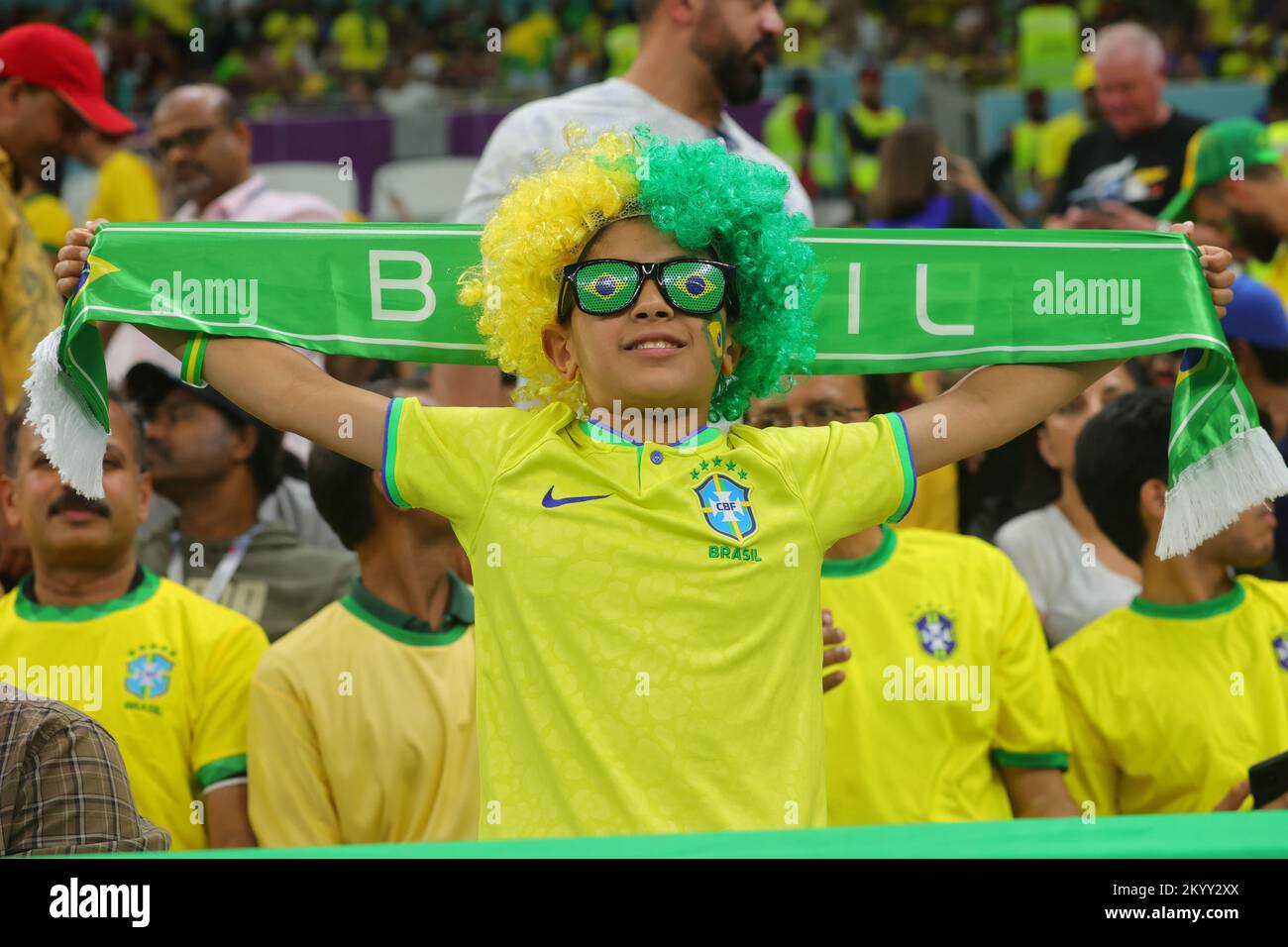 Brazilian fan during the FIFA World Cup, Qatar. , . Photo by Peter ...