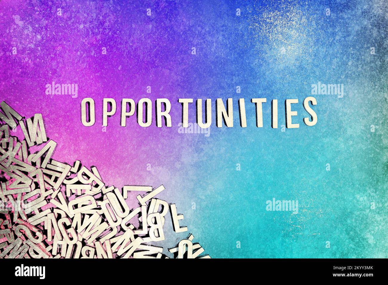OPPORTUNITIES in wooden English words language capital letters spilling ...