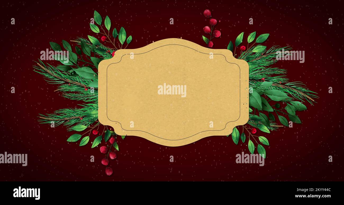 Image of snow falling over tree branches over sign with copy space on ...
