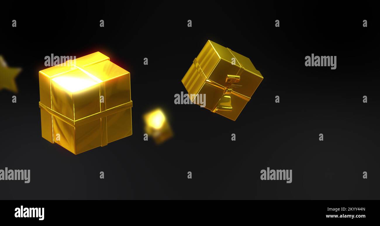 Image of gold stars and presents falling over black background Stock ...