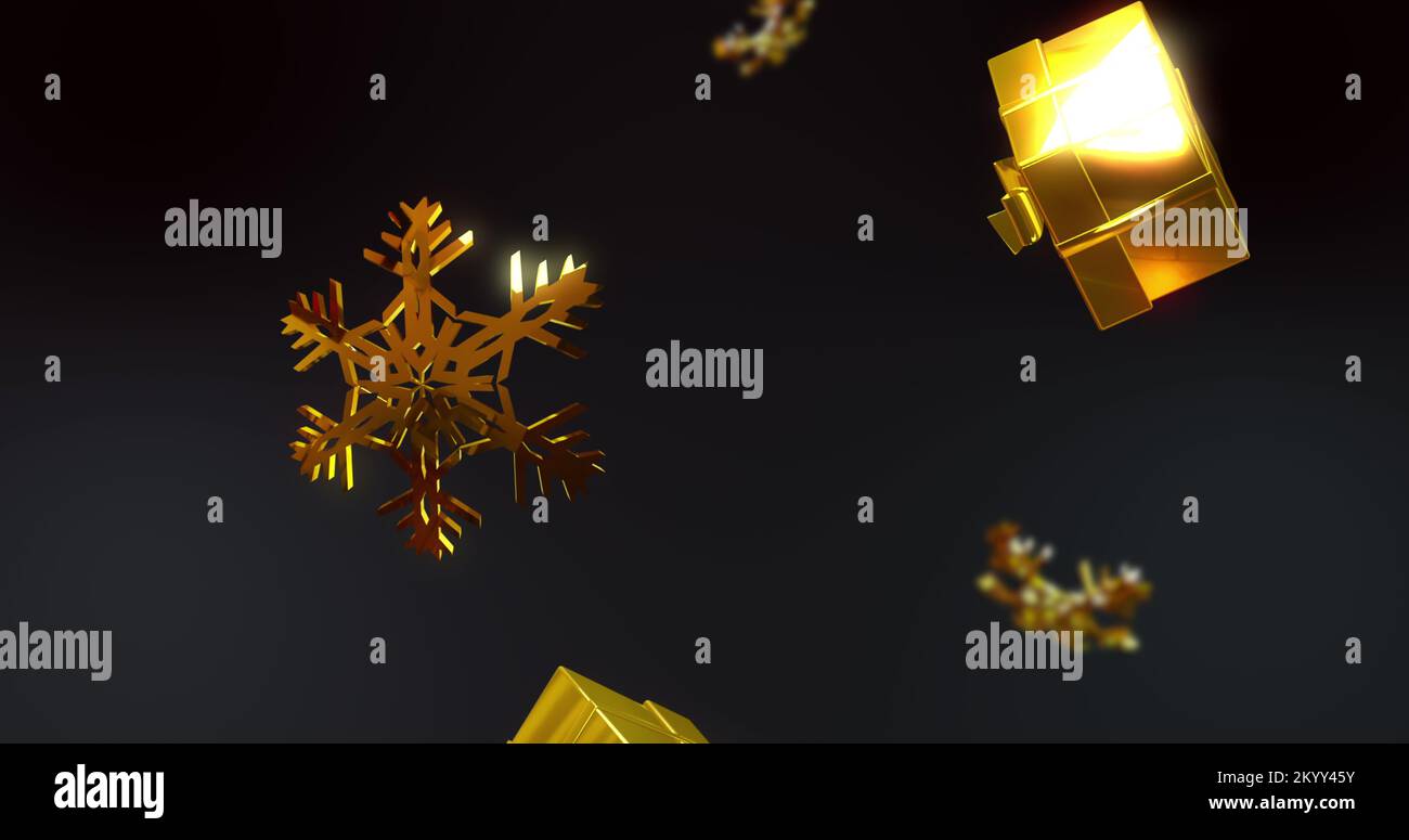 Image of gold presents and snowflakes falling over black background ...