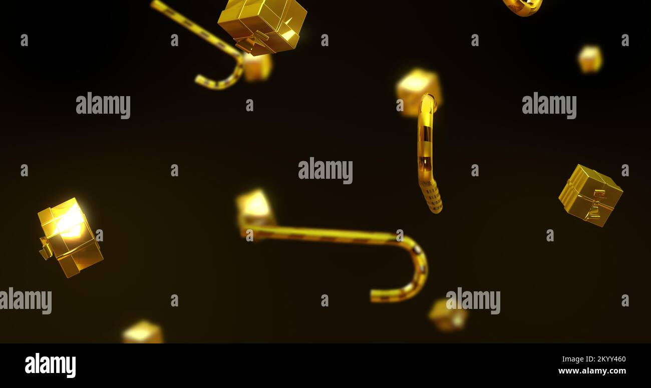 Image of gold presents and candy canes falling over black background ...