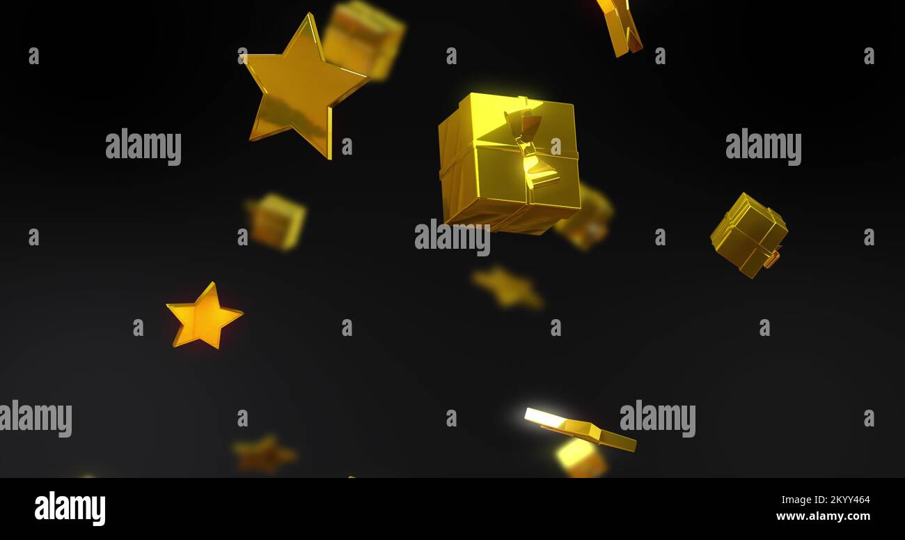 Image of gold stars and presents falling over black background Stock ...