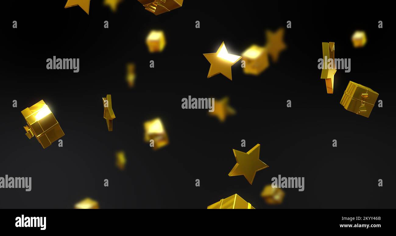 Image of gold stars and presents falling over black background Stock ...
