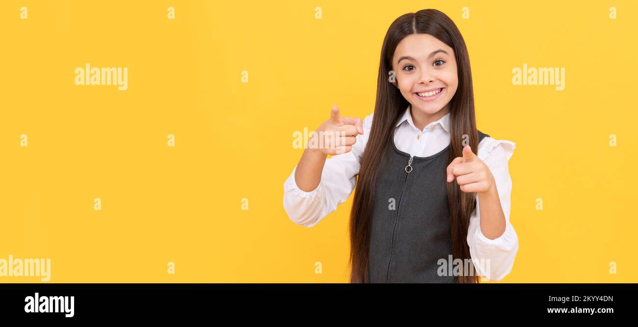 First day at school. Happy kid smile pointing fingers. September 1 ...