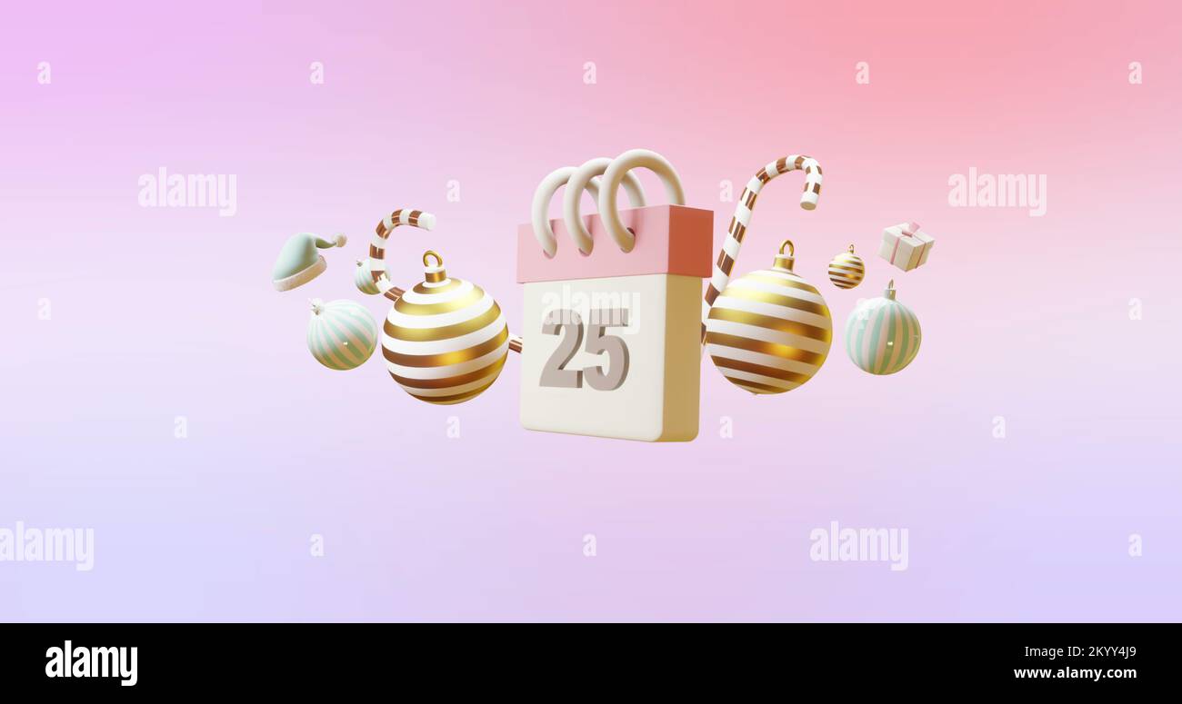 Image of calendar with numer 25 and christmas decorations on pink ...