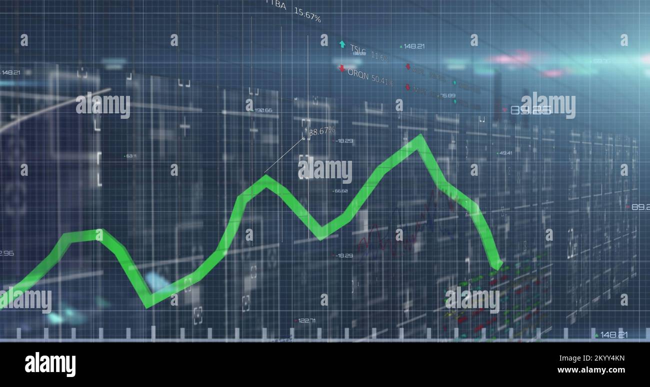 Image of green graph with abstract pattern, trading board and lens ...