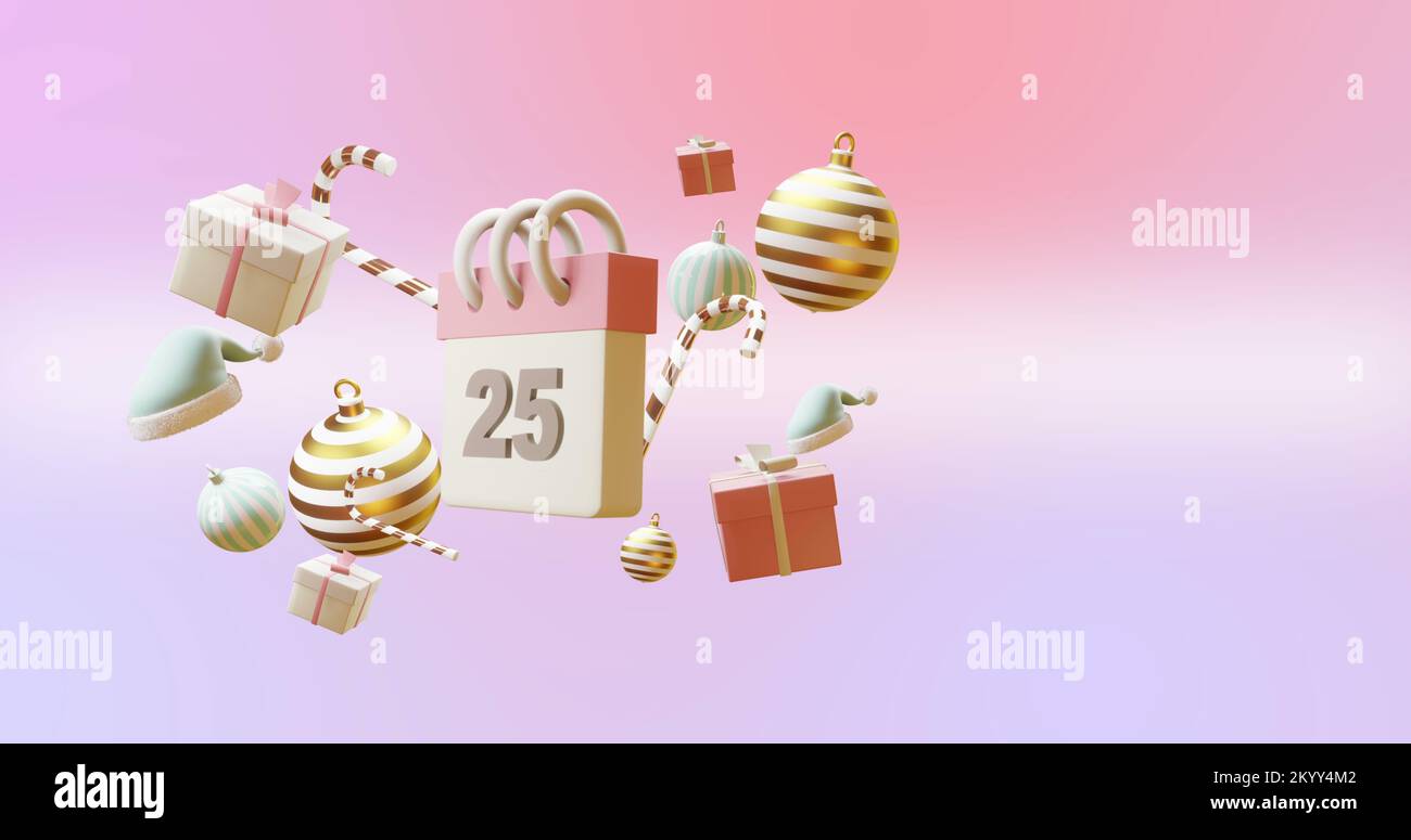 Image of calendar with numer 25 and christmas decorations on pink ...