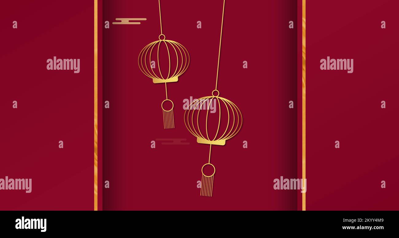 Composition of yellow stripes and lanterns on red background Stock ...