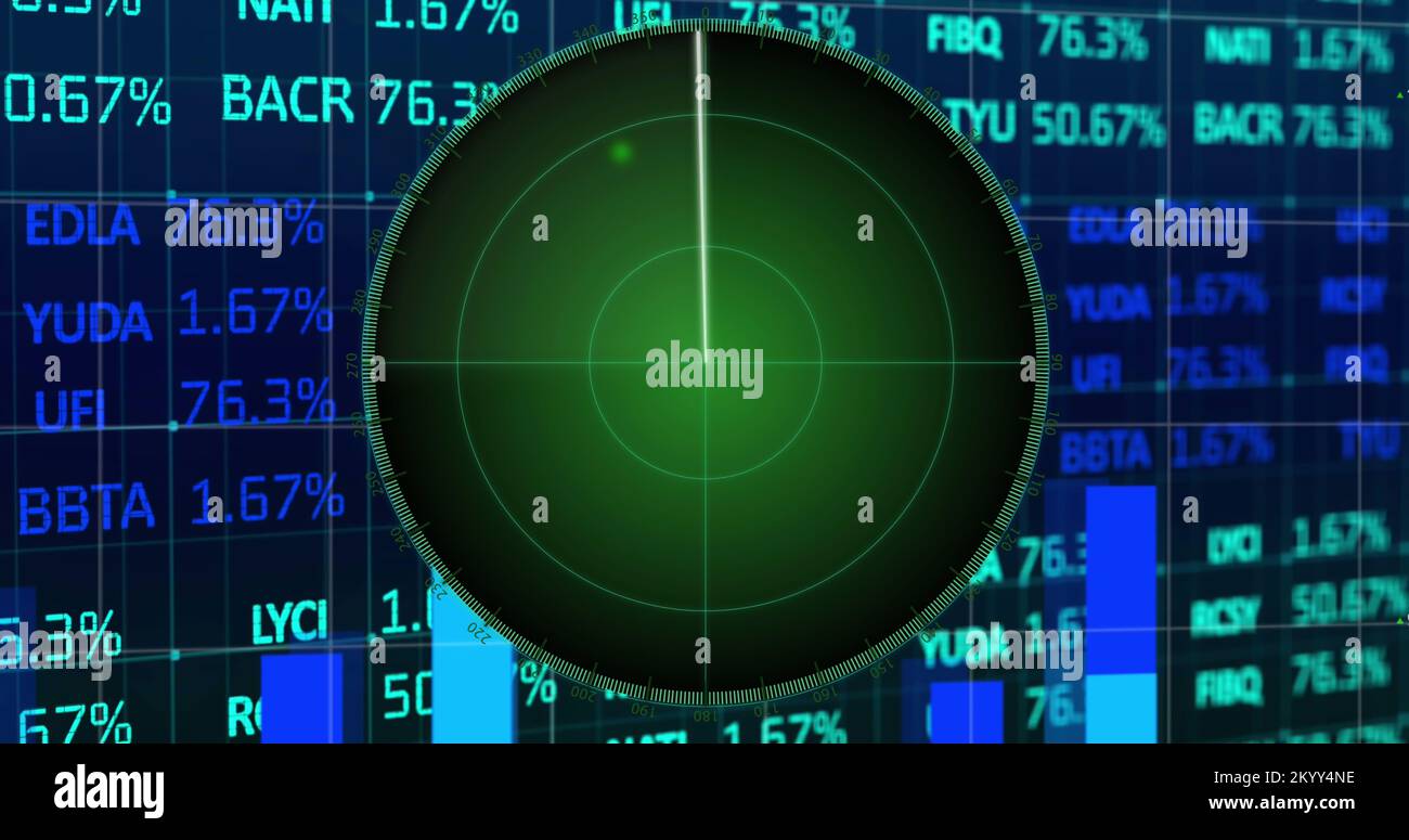 Image of targets on radar screen over bar graph, squares forming maps ...