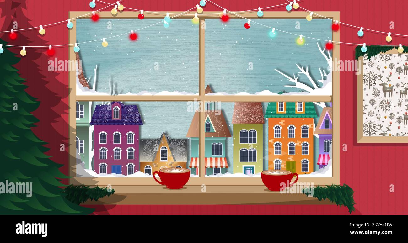 Image of window and snow falling over winter landscape Stock Photo - Alamy