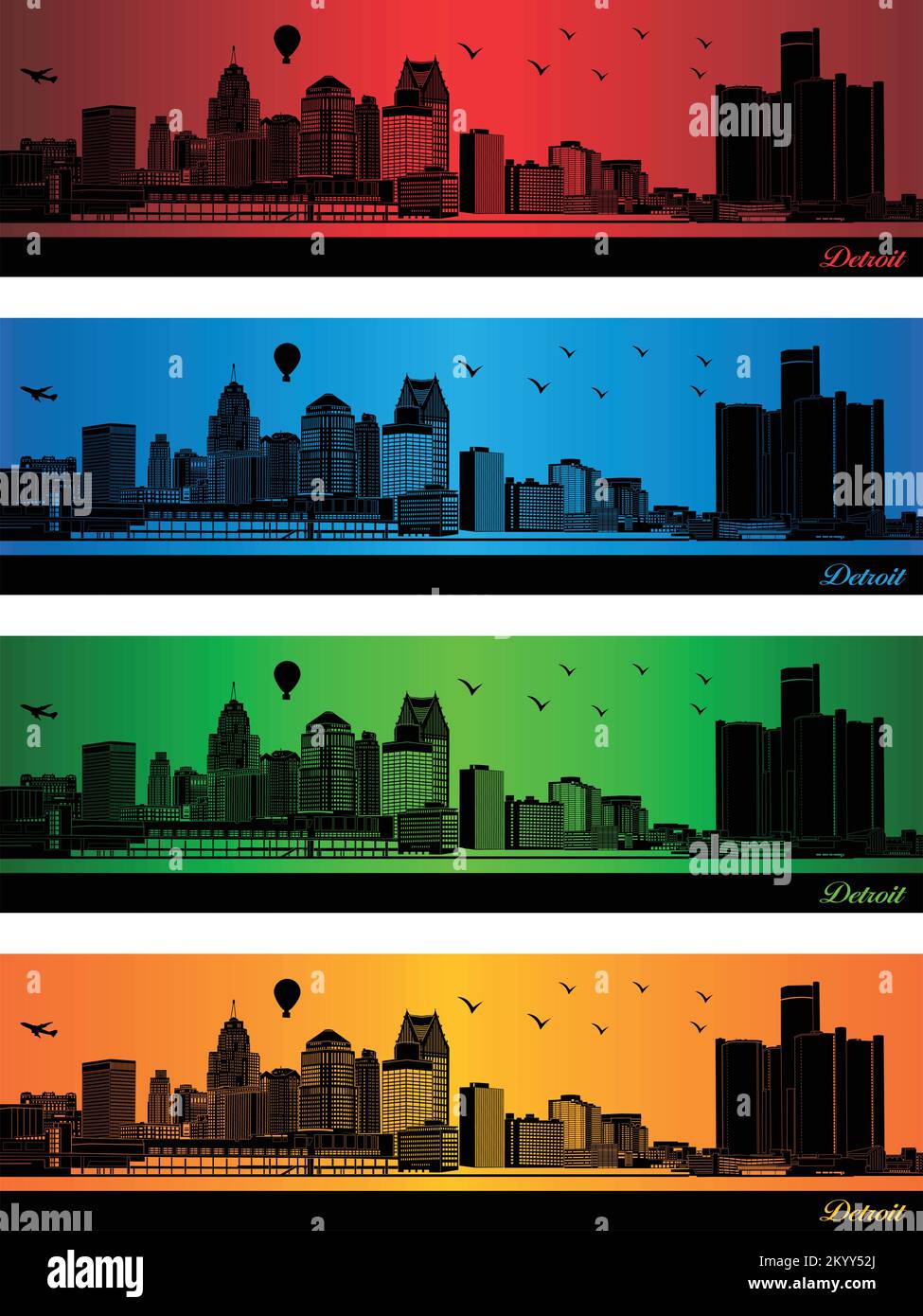 Detroit city in a four different colors - illustration, Town in colors ...