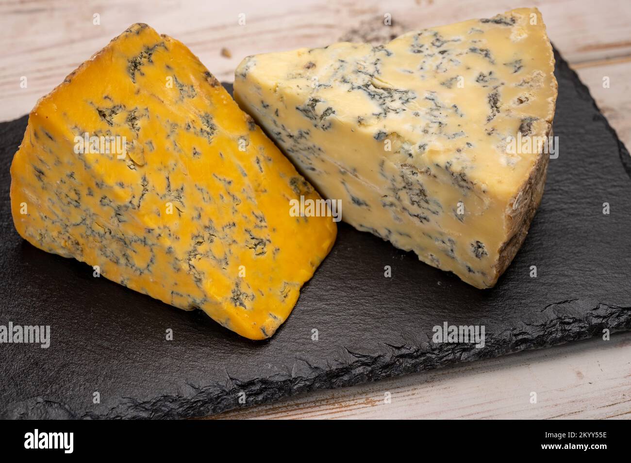 Cheese collection, English old shropshire blue and stilton blue cheeses ...