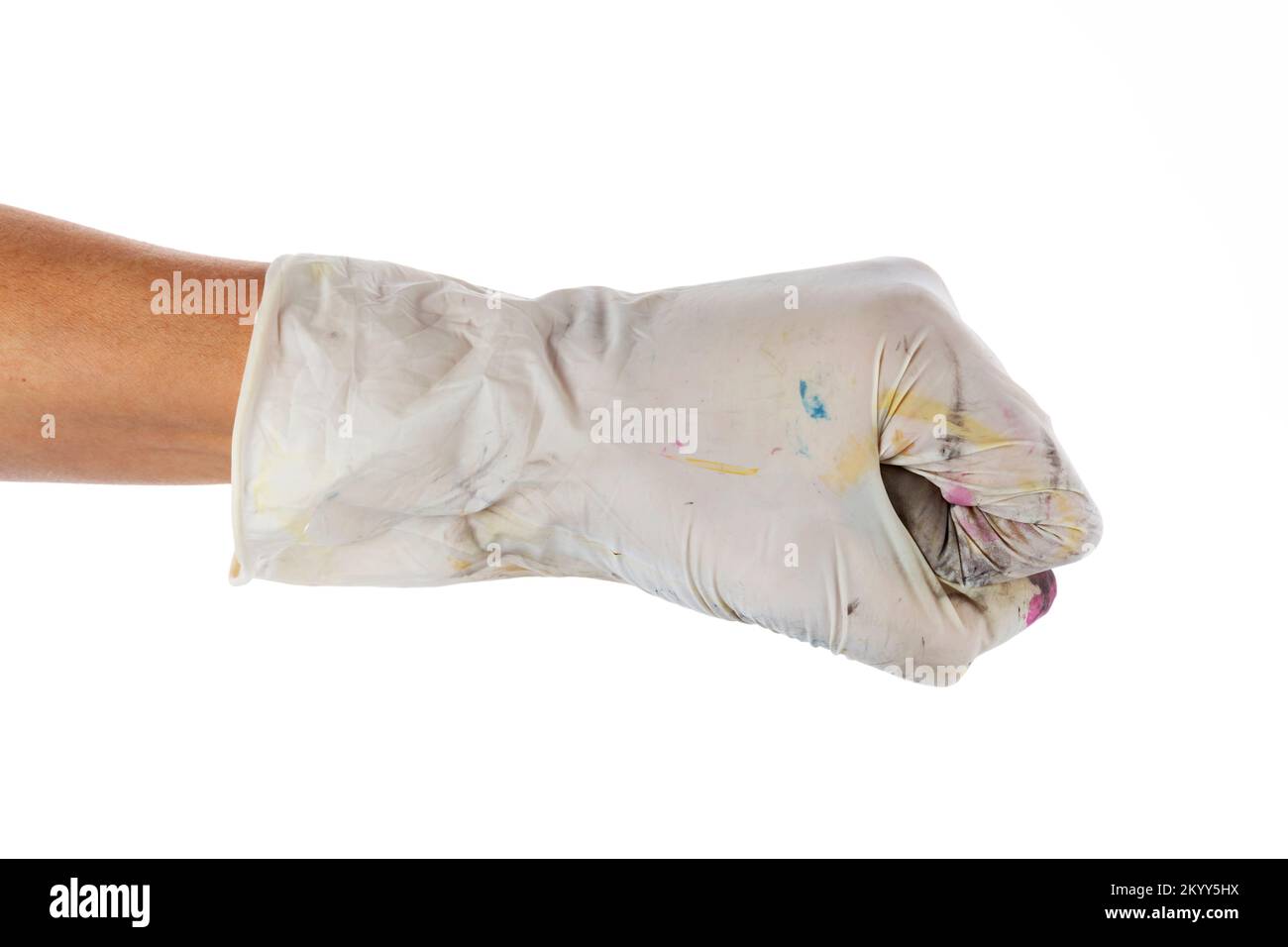Gloves soiled in paint. Work gloves. Hand in dirty glove clenched into ...