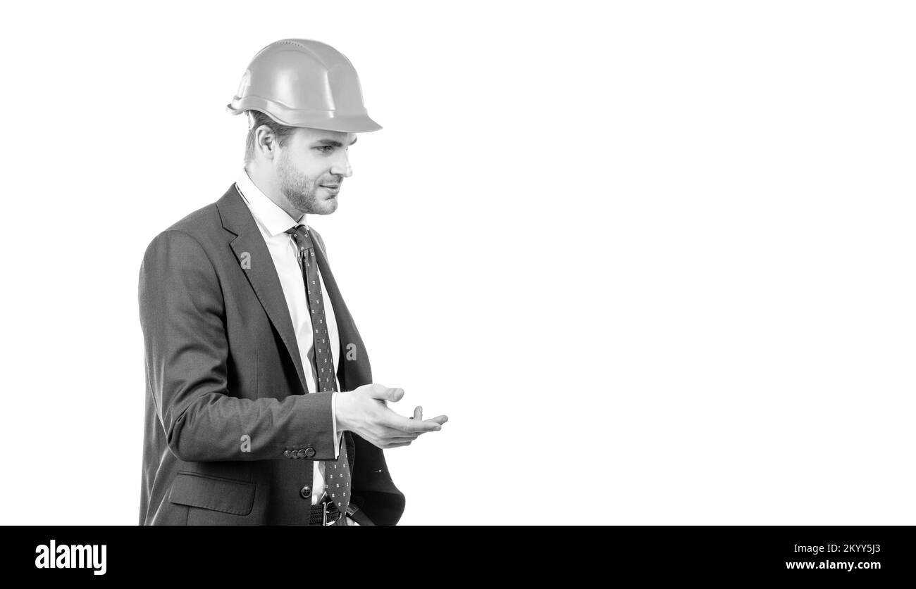Professional civil engineer in hardhat and suit gesticulating isolated ...