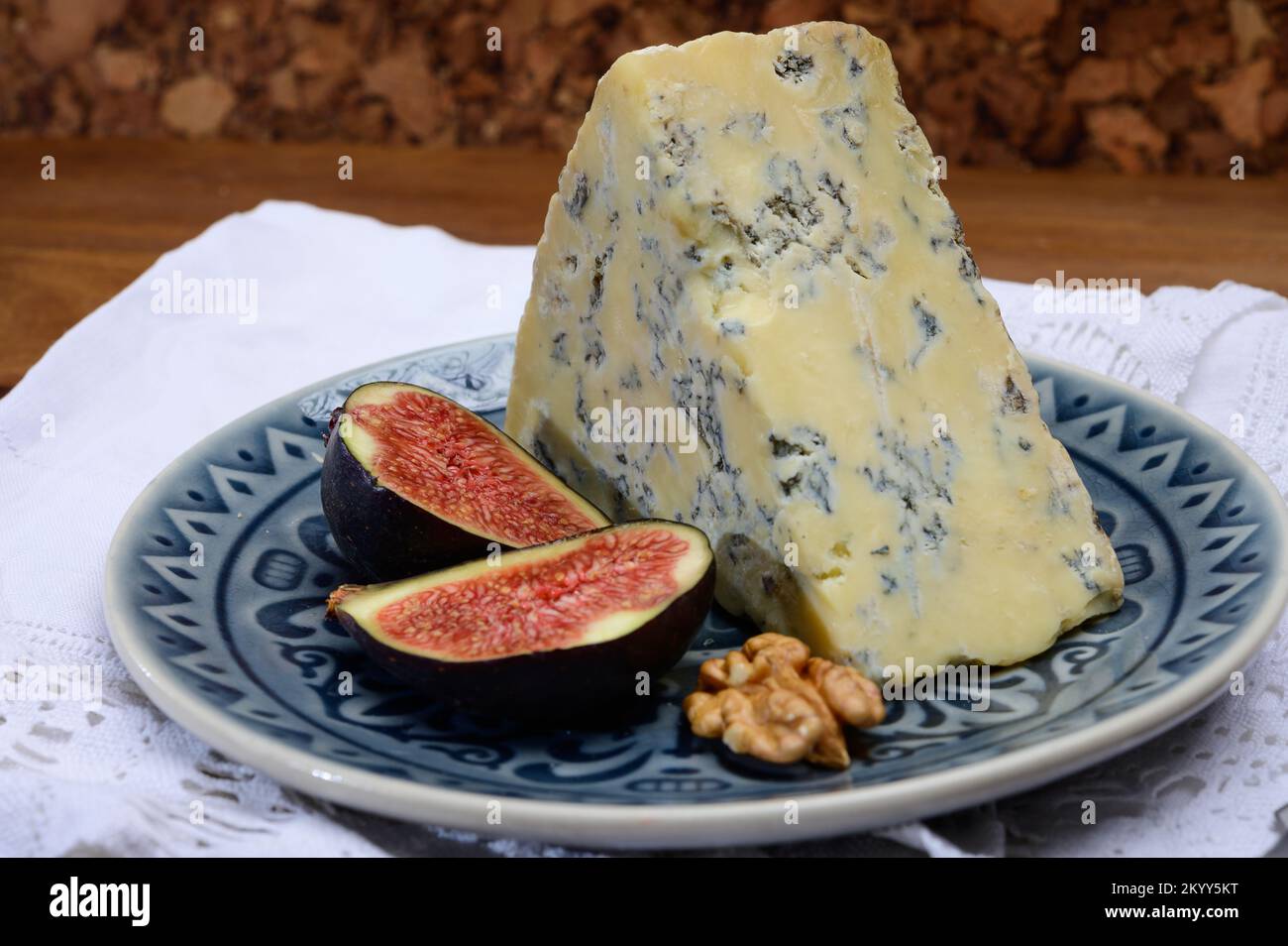 Cheese collection, English old stilton blue cheese close up served with ...