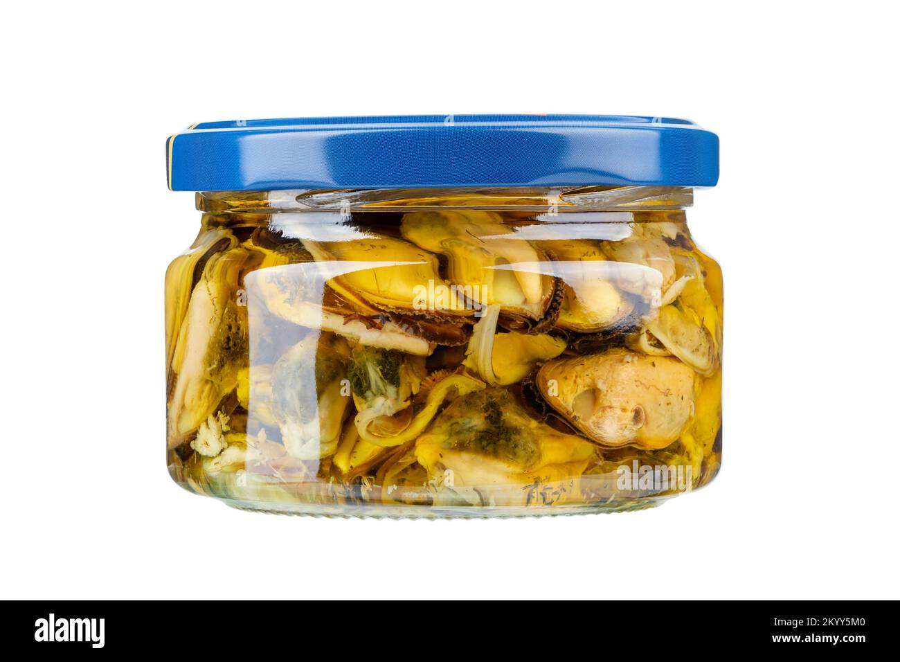 Glass jar with conserved mussels isolated on the white background. File ...