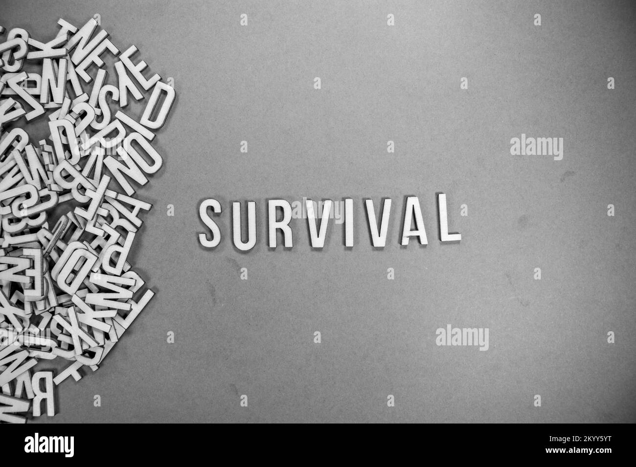SURVIVAL in wooden English words language capital letters spilling from ...
