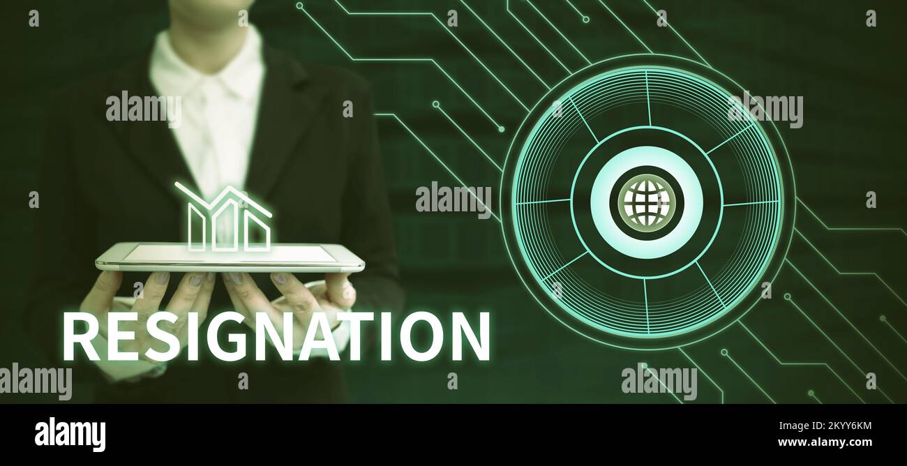 Hand writing sign Resignation. Concept meaning act of giving up working ...