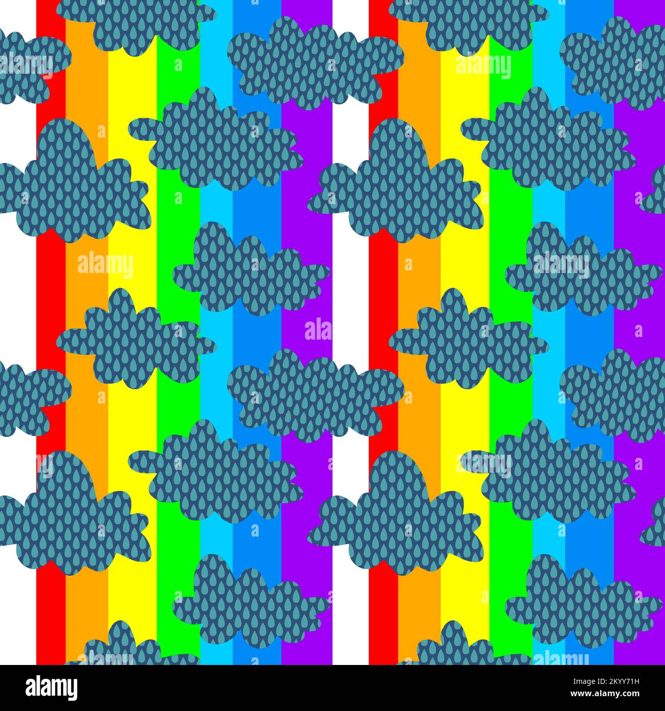 Cartoon rain drops and rainbow and clouds seamless pattern for wrapping ...