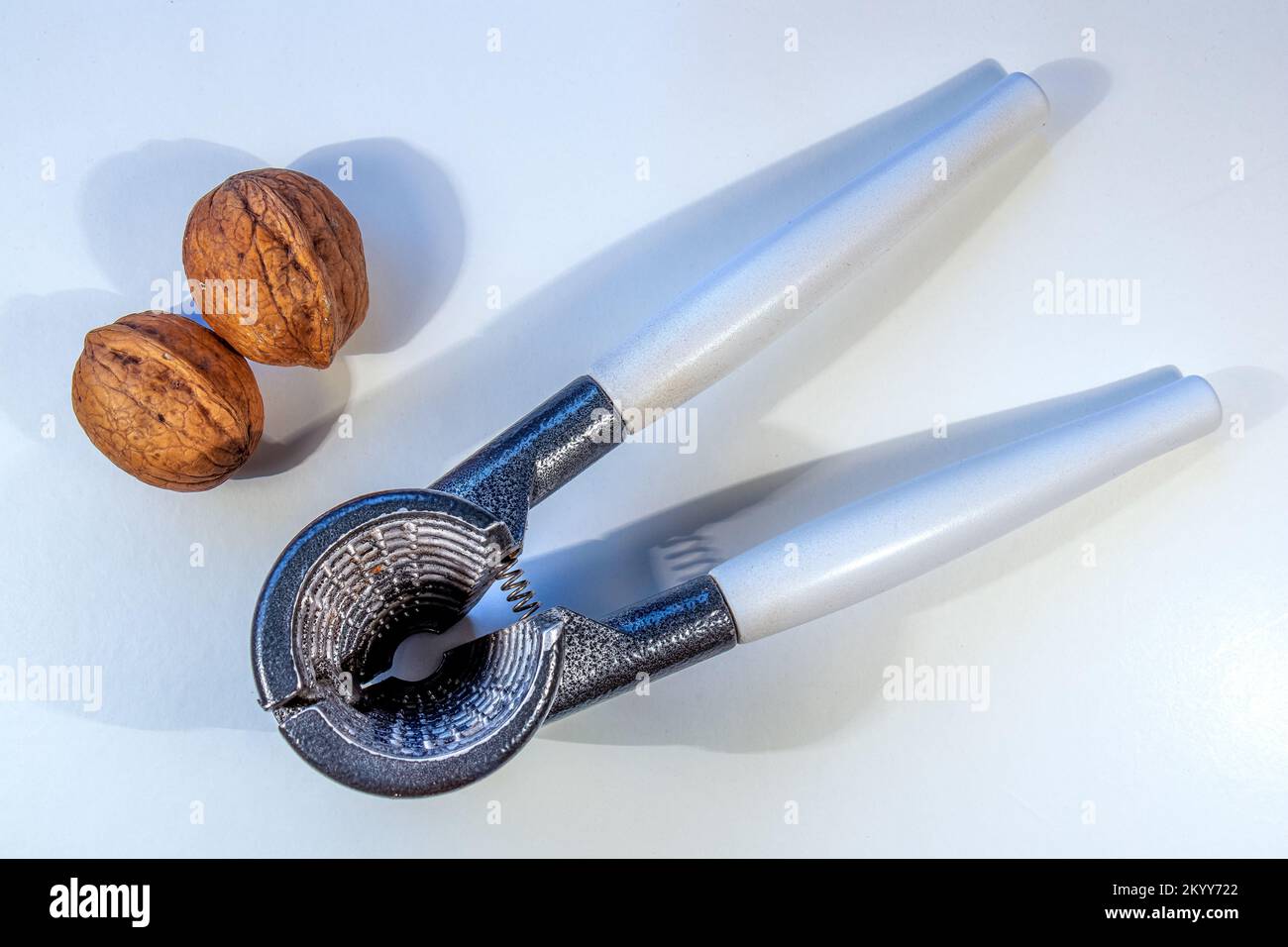 Two Walnuts and a Nutcracker on a white background Stock Photo - Alamy
