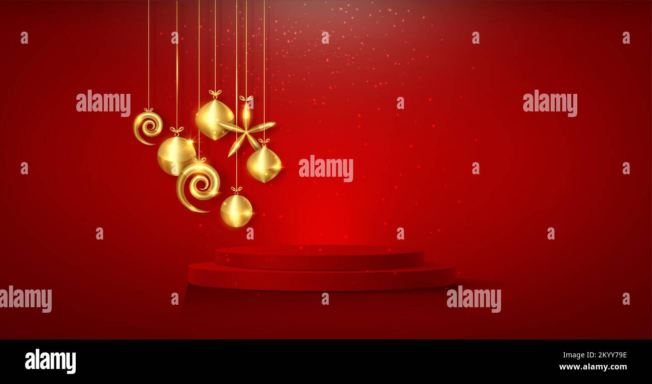 3D Christmas podium, New Year party, gold baubles with product display ...