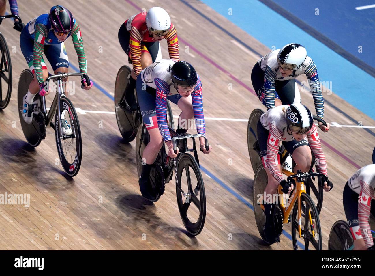 Katie Archibald (centre) during the women's elimination race during day ...